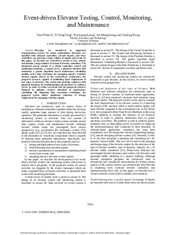 (PDF) Event-driven elevator testing, control, monitoring, and maintenance