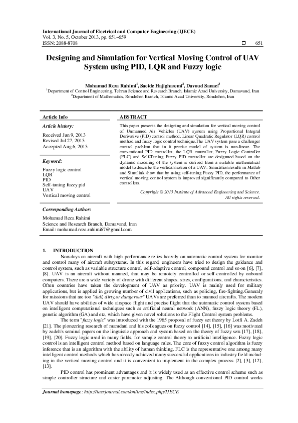(PDF) Designing and Simulation for Vertical Moving Control of UAV System using PID, LQR and ...