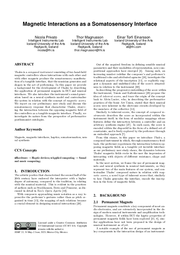 (PDF) Magnetic Interactions as a Somatosensory Interface | Nicola ...