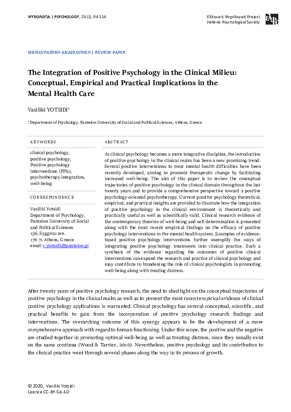 (PDF) The Integration of Positive Psychology in the Clinical Milieu ...