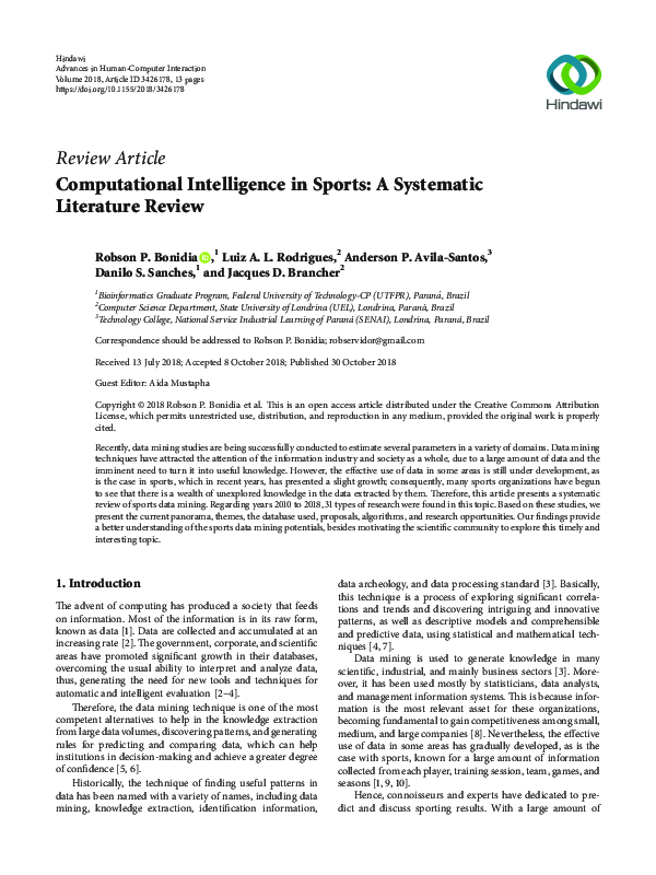 Pdf Computational Intelligence In Sports A Systematic Literature Review Jacques Duilio