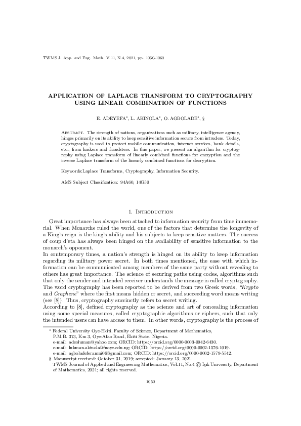 (PDF) Application of Laplace transform to cryptography using linear combination of functions