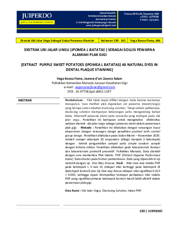 (PDF) Ekstrak Ubi Jalar Ungu (Ipomea L Batatas ) Sebagai Solusi Pewarna Alamiah Plak Gigi