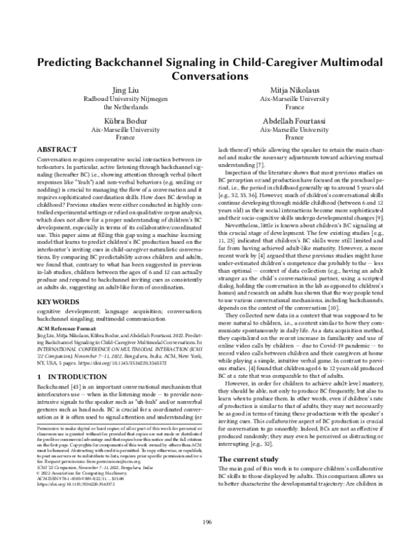 (PDF) Predicting Backchannel Signaling in Children