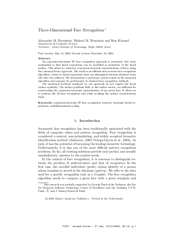 Pdf Three Dimensional Face Recognition