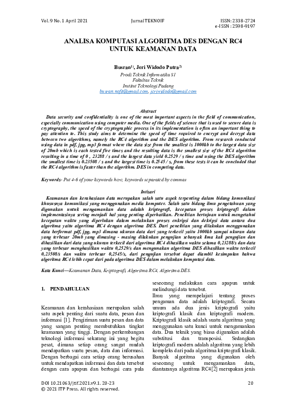 (PDF) Analisa Komputasi Algoritma Des Dengan RC4 Untuk Keamanan Data