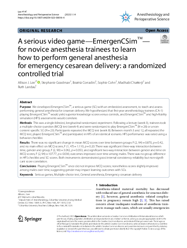 (PDF) A serious video game—EmergenCSim™—for novice anesthesia trainees ...