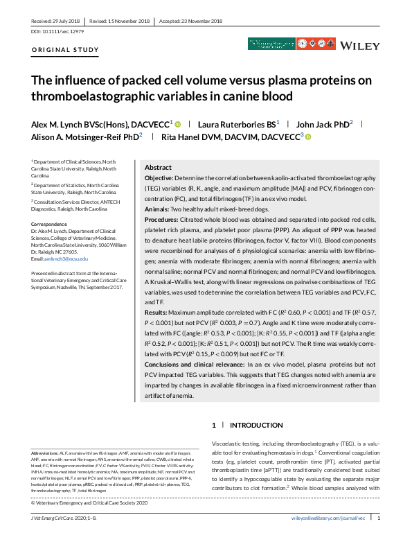 (PDF) The influence of packed cell volume versus plasma proteins on thromboelastographic ...