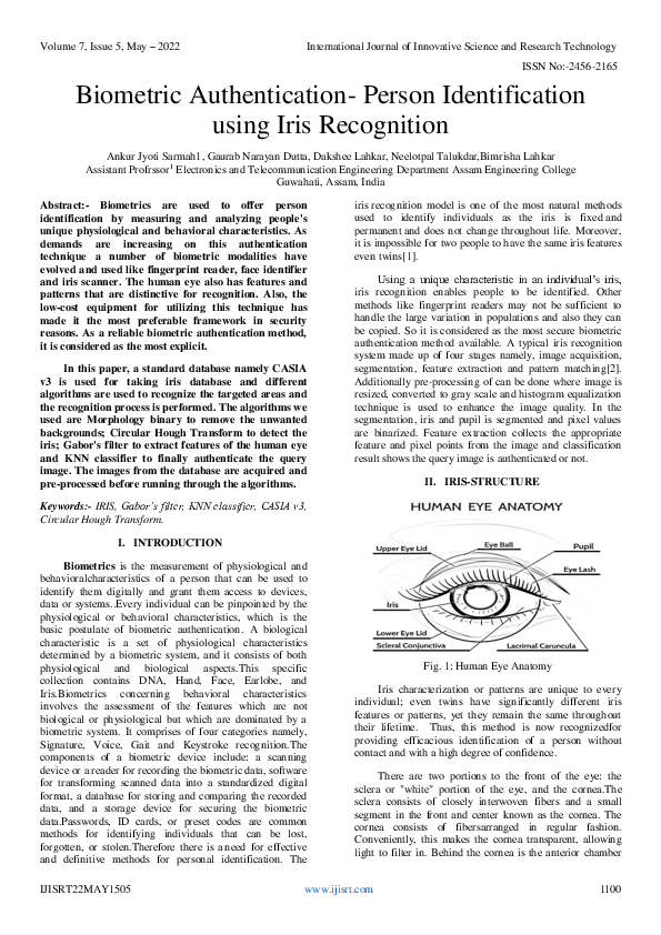 (PDF) Biometric Authentication- Person Identification using Iris Recognition