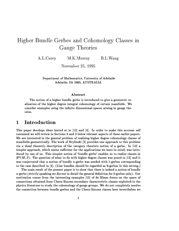 (PDF) Higher bundle gerbes and cohomology classes in gauge theories