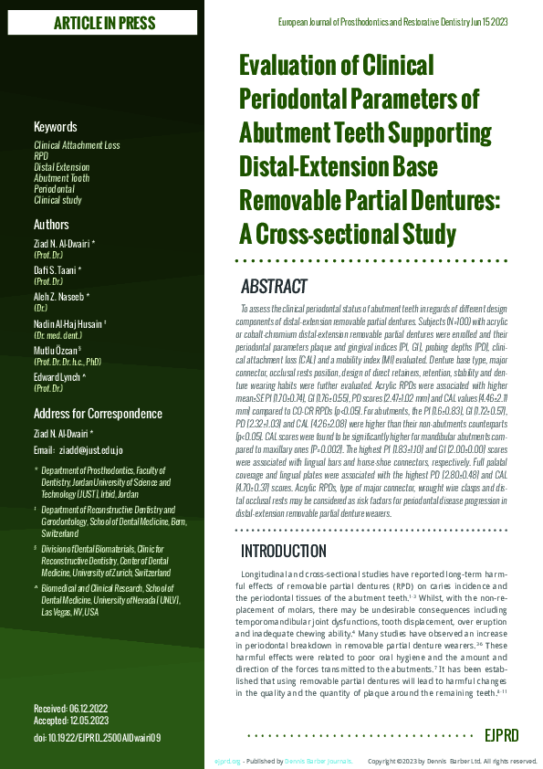 (PDF) Evaluation of Clinical Periodontal Parameters of Abutment Teeth Supporting Distal ...