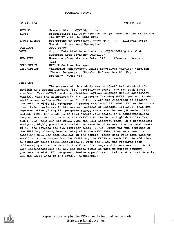 (PDF) Standardized ESL Test Equating Study: Equating the CELSA and the ...