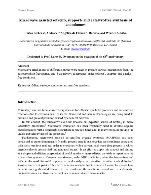 (PDF) Microwave assisted solvent-, support- and catalyst-free synthesis of enaminones