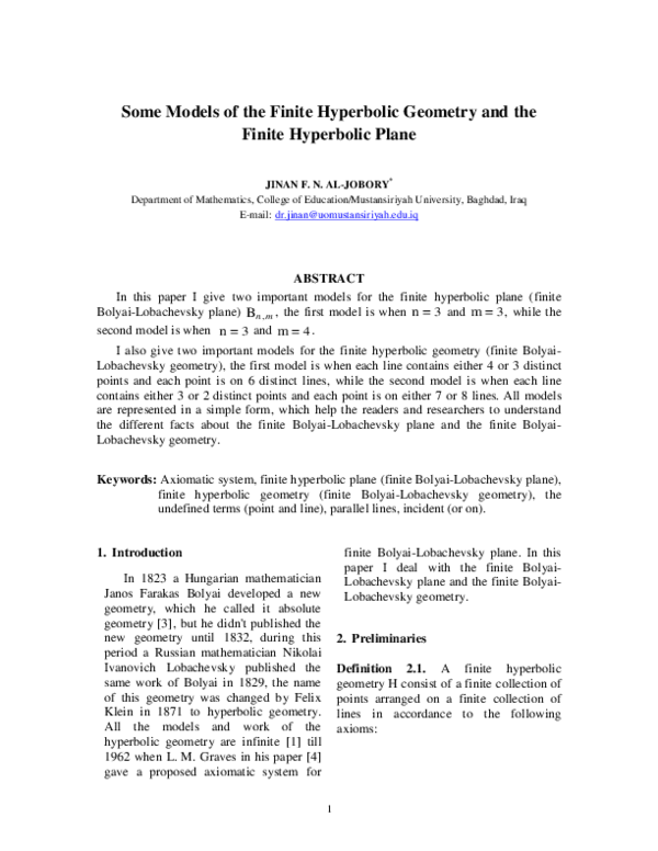 Pdf Some Models Of The Finite Hyperbolic Geometry And The Finite