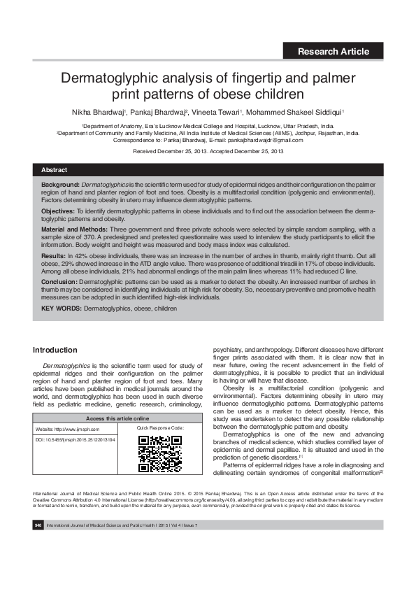 (PDF) Dermatoglyphic analysis of fingertip and palmer print patterns of ...