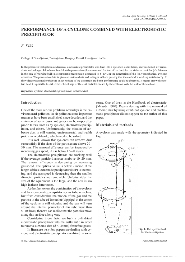(PDF) Performance of a cyclone combined with electrostatic precipitator