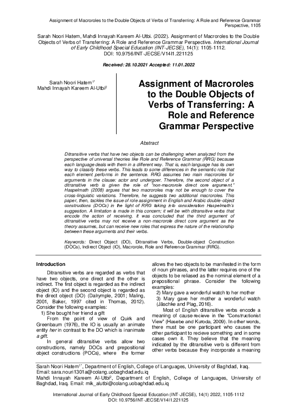 (PDF) Assignment of Macroroles to the Double Objects of Verbs of Transferring A Role and ...