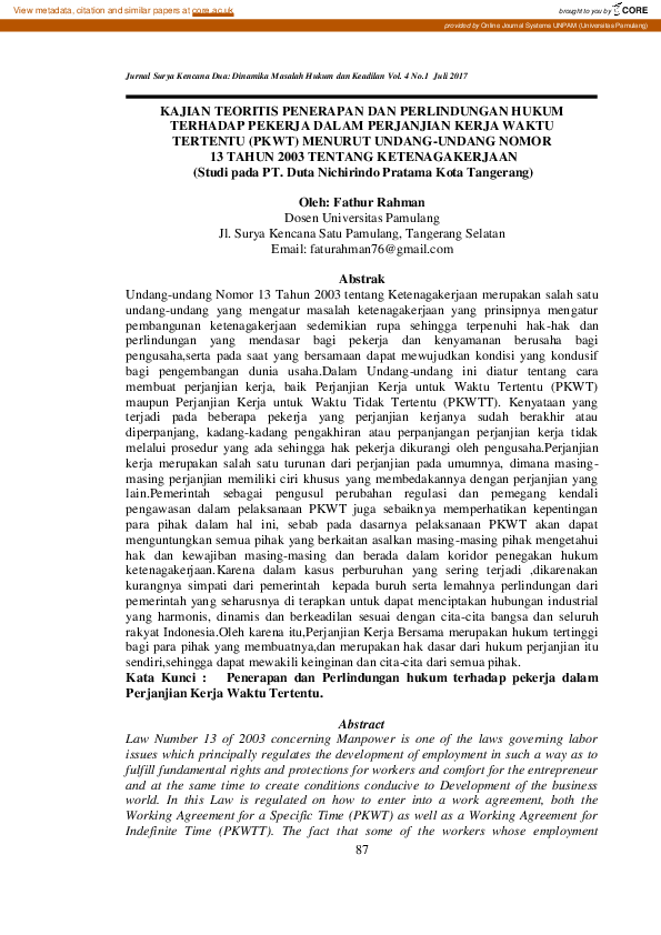 (PDF) KAJIAN TEORITIS PENERAPAN DAN PERLINDUNGAN HUKUM TERHADAP PEKERJA DALAM PERJANJIAN KERJA ...