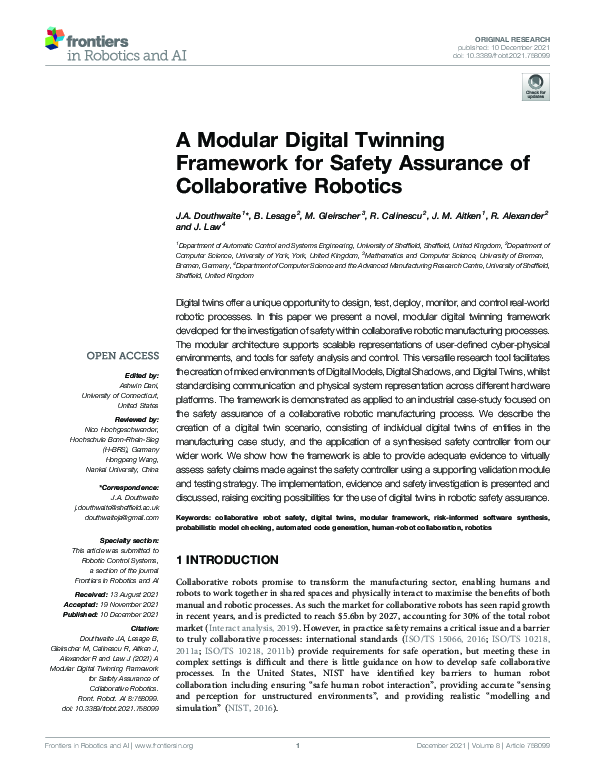 (PDF) A Modular Digital Twinning Framework for Safety Assurance of ...