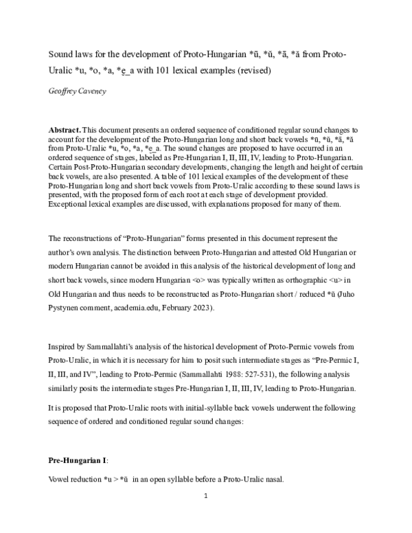 (PDF) Sound laws for the development of Proto-Hungarian *ū, *ŭ, *ā, *ă ...