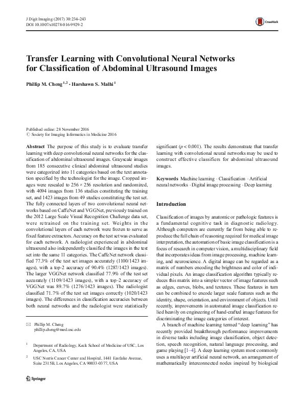 (PDF) Transfer Learning with Convolutional Neural Networks for Classification of Abdominal ...