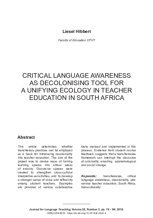 (PDF) Critical language awareness as decolonising tool for a unifying ...