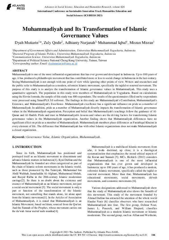(PDF) Muhammadiyah and Its Transformation of Islamic Governance Values