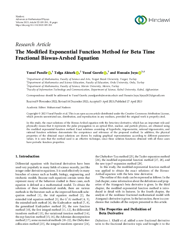 (PDF) The Modified Exponential Function Method for Beta Time Fractional Biswas-Arshed Equation