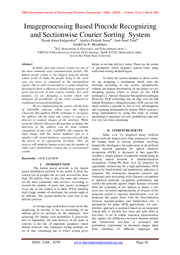 (PDF) Imageprocessing based pincode recognizing and sectionwise courier sorting system