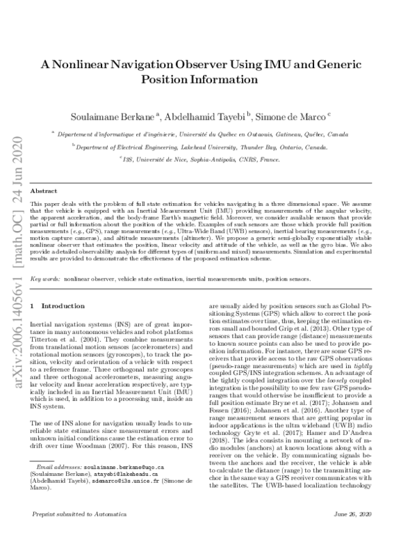 (PDF) A nonlinear navigation observer using IMU and generic position information