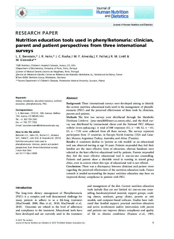 (PDF) Nutrition education tools used in phenylketonuria: clinician ...