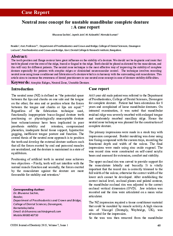 (PDF) Neutral zone concept for unstable mandibular complete denture: A ...