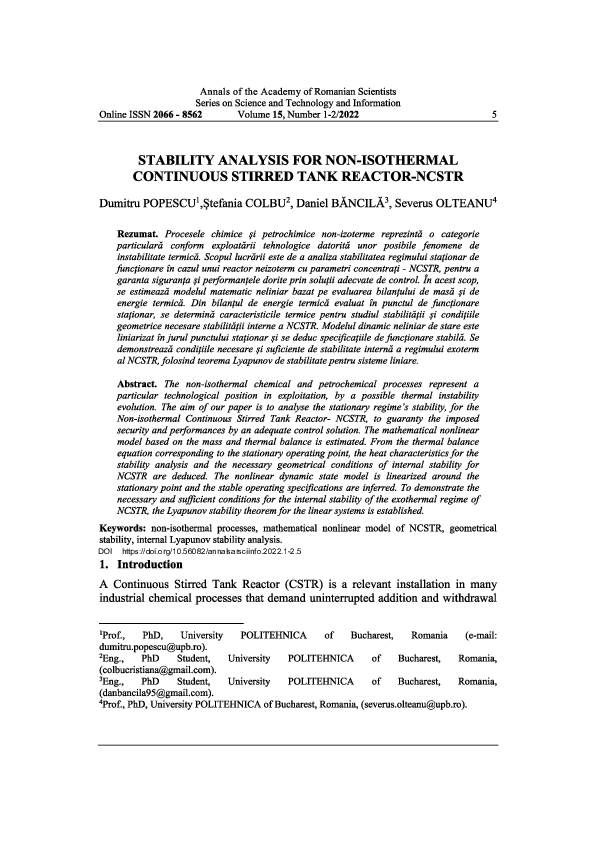 (PDF) Stability Analysis for Non-Isothermal Continuous Stirred Tank Reactor-NCSTR | Ștefania ...