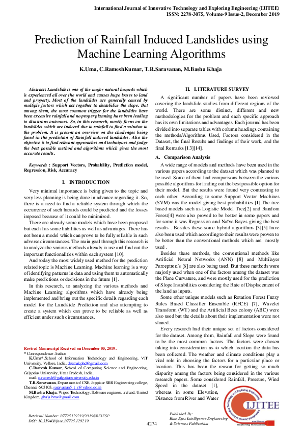 (PDF) Prediction of Rainfall Induced Landslides using Machine Learning ...