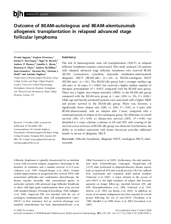 (PDF) Outcome of BEAM-autologous and BEAM-alemtuzumab allogeneic ...