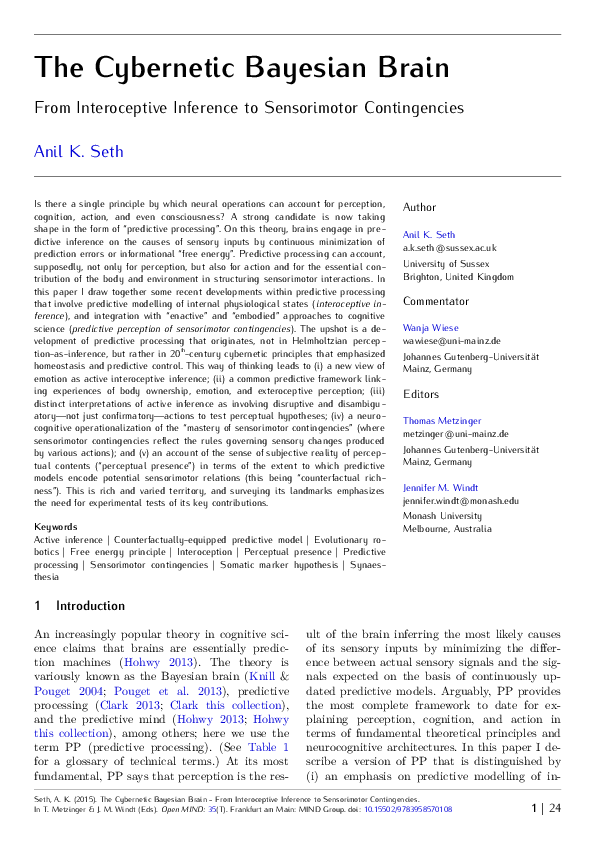 (PDF) The cybernetic Bayesian brain: from interoceptive inference to sensorimotor contingencies