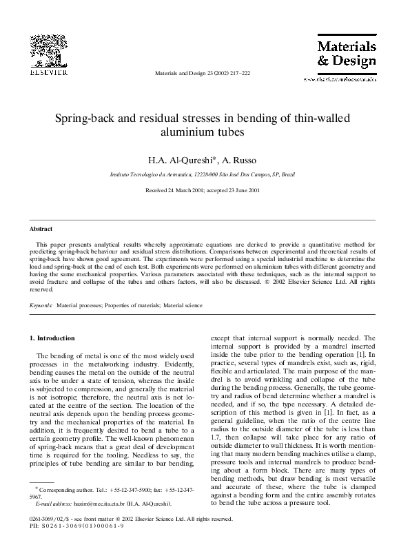 (PDF) Spring-back and residual stresses in bending of thin-walled aluminium tubes