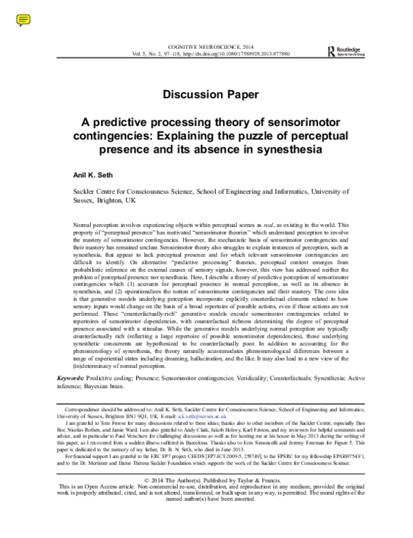 (PDF) A predictive processing theory of sensorimotor contingencies: Explaining the puzzle of ...