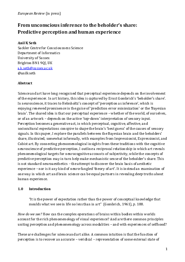 (PDF) From Unconscious Inference to the Beholder’s Share: Predictive ...