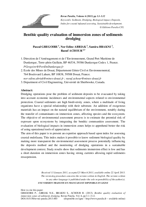 (PDF) Benthic quality evaluation of immersion zones of sediments dredging