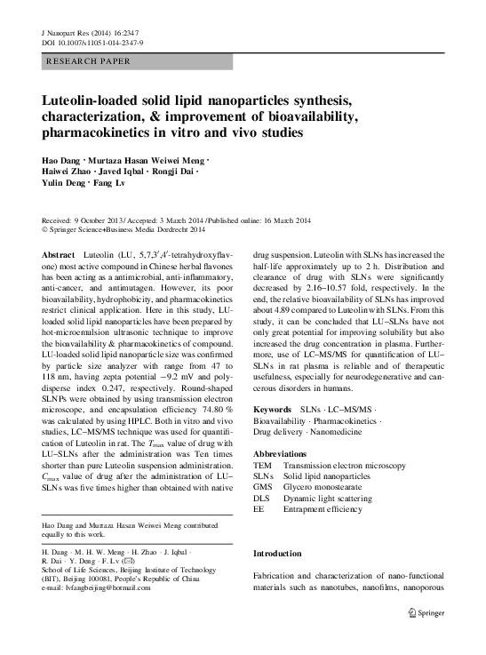 (PDF) Luteolin-loaded solid lipid nanoparticles synthesis, characterization, & improvement of ...