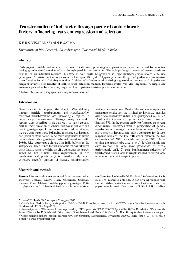 (PDF) Transformation of Indica Rice Through Particle Bombardment: Factors Influencing Transient ...