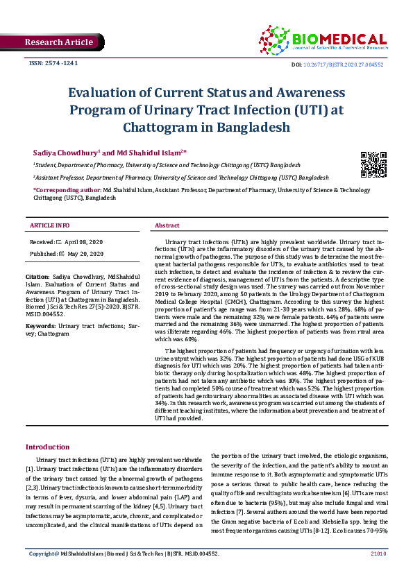 (PDF) Evaluation of Current Status and AwarenessProgram of Urinary ...