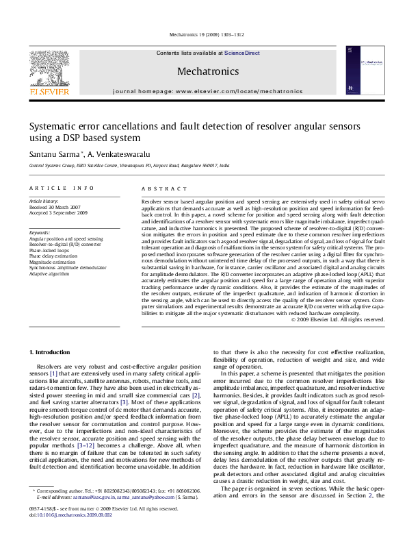 Pdf Systematic Error Cancellations And Fault Detection Of Resolver Angular Sensors Using A Dsp