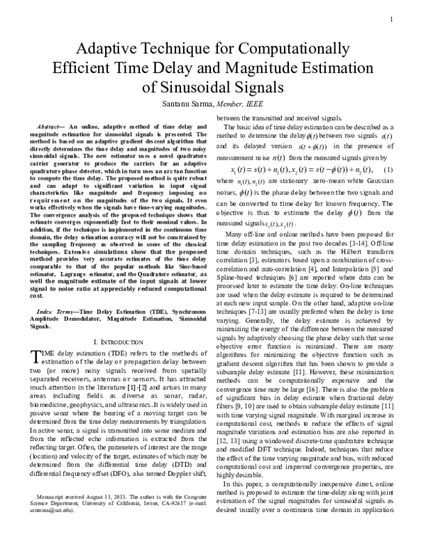 Pdf Adaptive Technique For Computationally Efficient Time Delay And Magnitude Estimation Of
