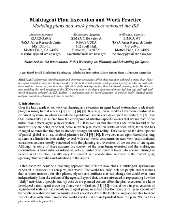 (PDF) Multiagent Plan Execution and Work Practice: Modeling Plans and Practices Onboard the ISS