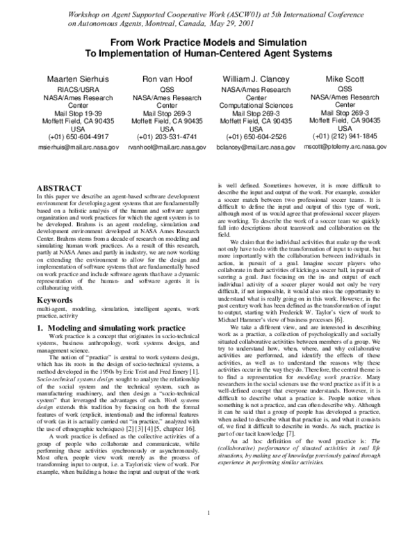 (PDF) From work practice models and simulation to implementation of human-centered agent systems