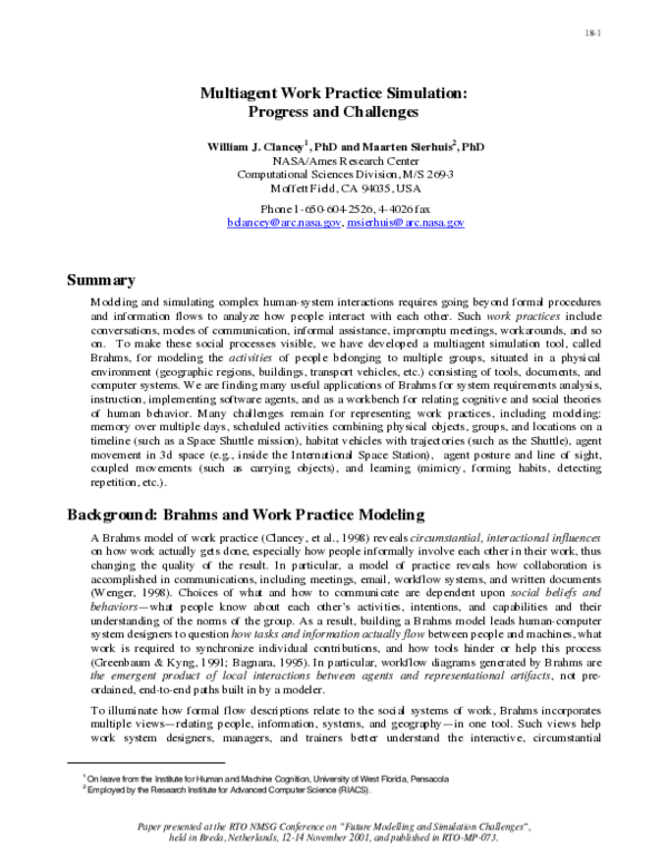 (PDF) Multiagent Work Practice Simulation: Progress and Challenges | Maarten Sierhuis - Academia.edu