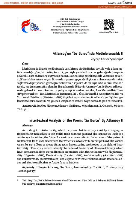 (PDF) Intertextual Analysis of the Poem: “Su Burcu” By Atlansoy II