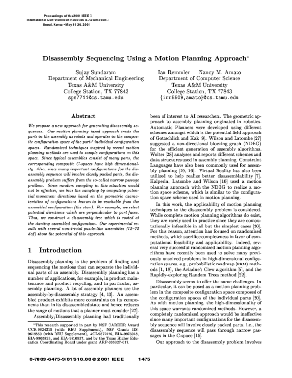 (PDF) Disassembly sequencing using a motion planning approach